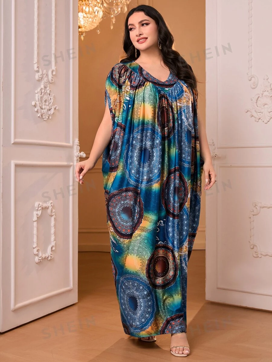 SHEIN Mulvari Plus Mandala Print Batwing Sleeve Dress | SHEIN UK