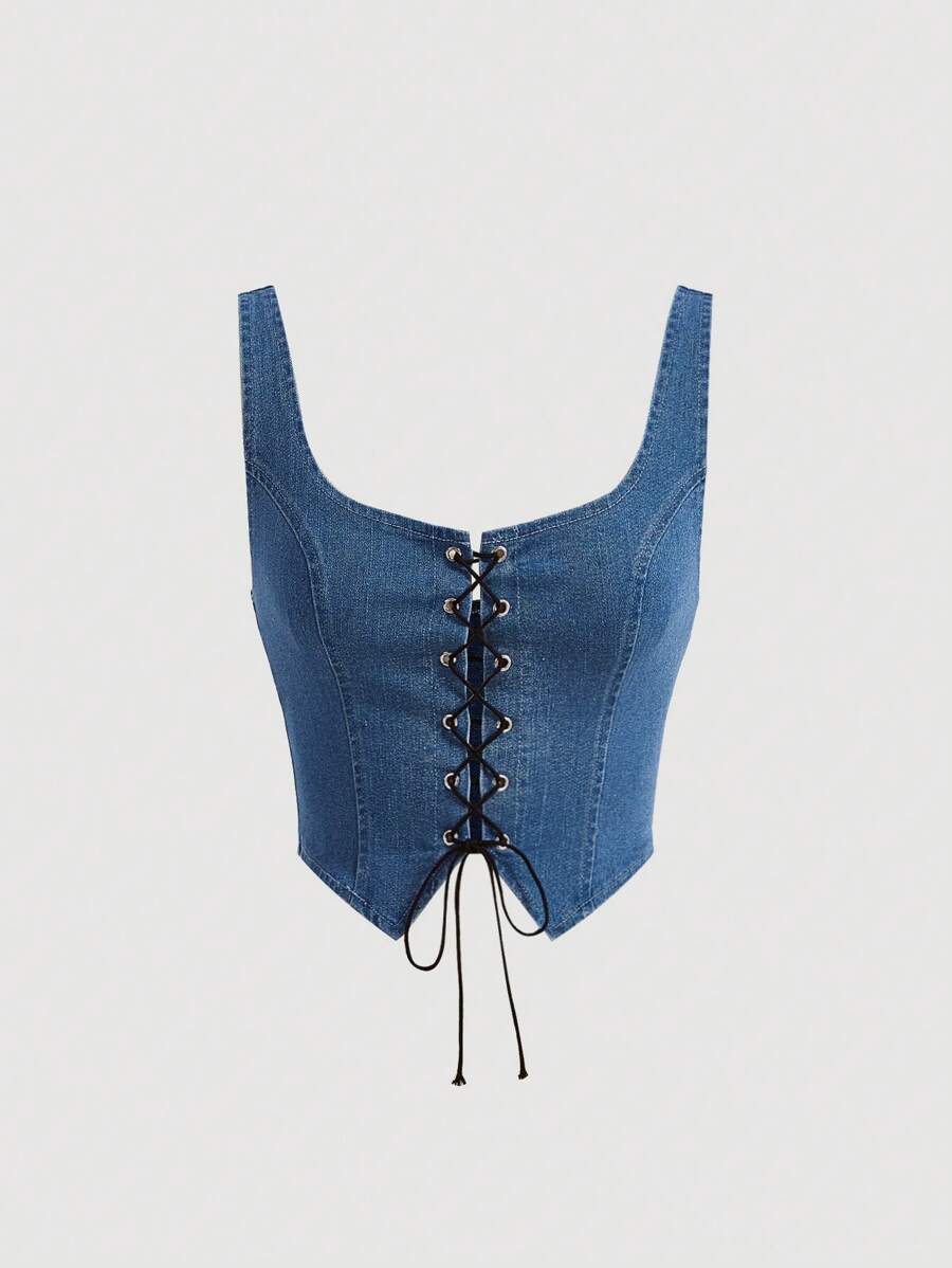 SHEIN MOD Lace Up Front Tank Denim Top | SHEIN USA