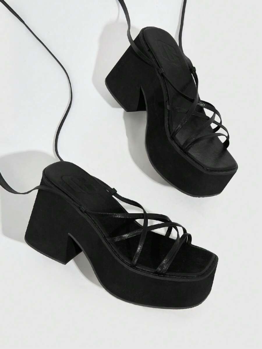 CUCCOO SZL Woman Shoes Criss Cross Platform Chunky Heeled Strappy Black ...