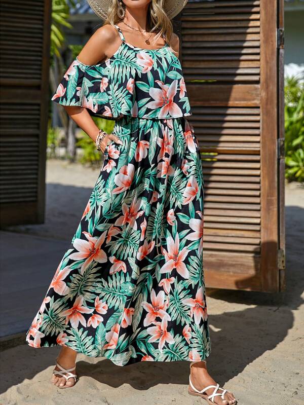 SHEIN VCAY Tropical Print Cold Shoulder Ruffle Trim Dress | SHEIN UK