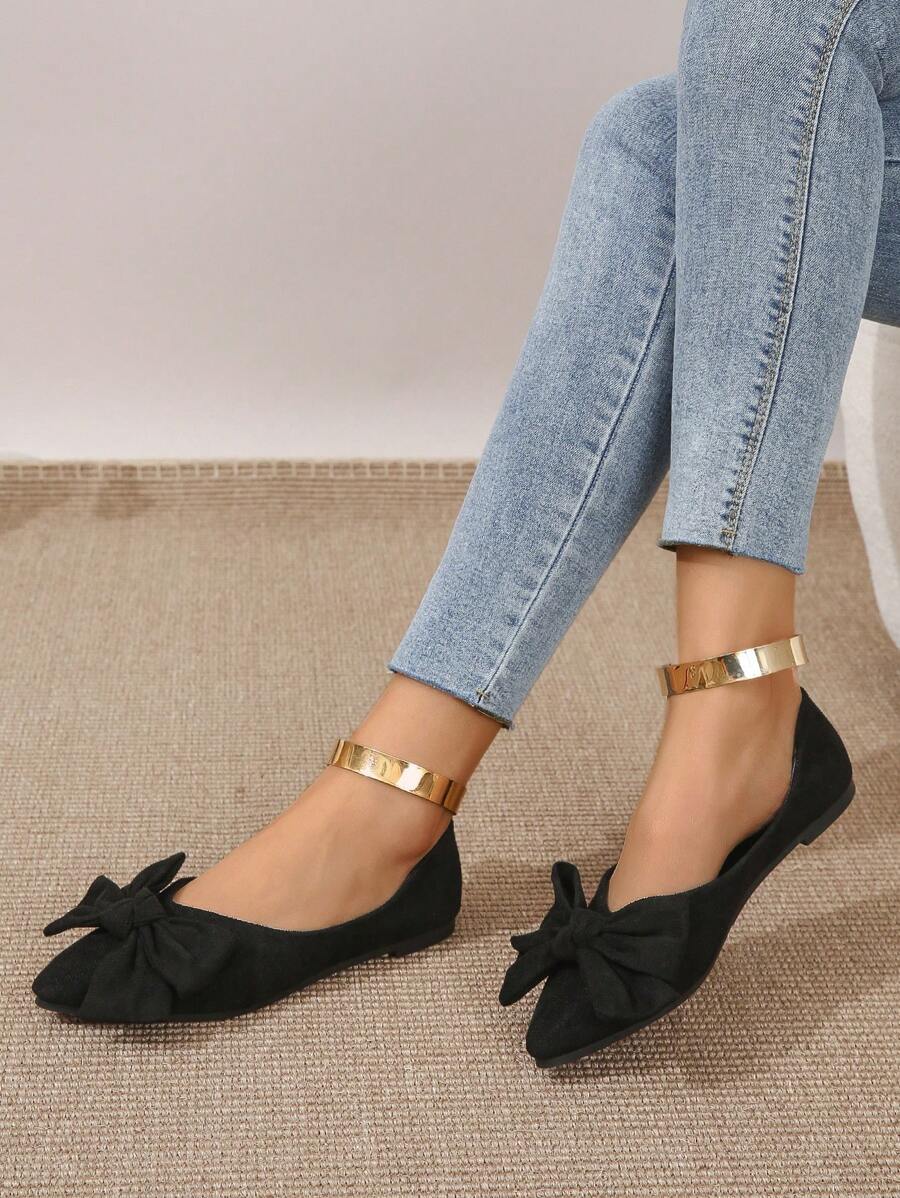 Elegant Black Flats For Women, Bow Decor Point Toe Faux Suede Ballet ...