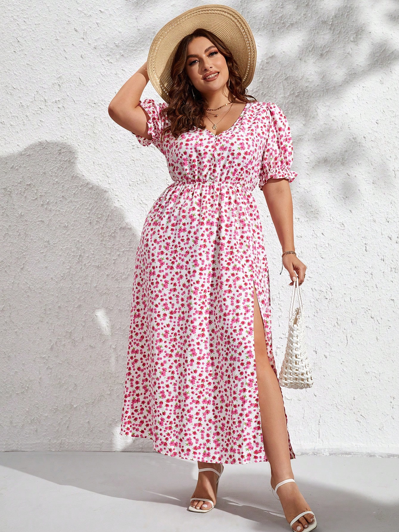 SHEIN VCAY Vestido floral de manga farol de muslo con abertura | Moda ...