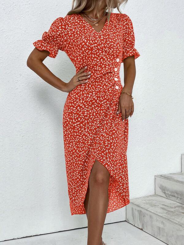 SHEIN VCAY Ditsy Floral Print Flounce Sleeve Wrap Hem Dress | SHEIN USA