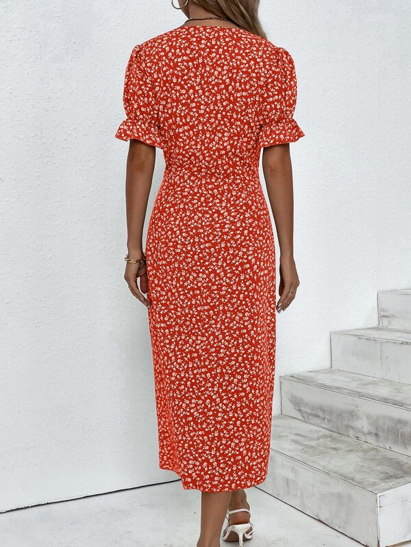 SHEIN VCAY Ditsy Floral Print Flounce Sleeve Wrap Hem Dress | SHEIN USA