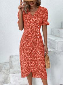 SHEIN VCAY Ditsy Floral Print Flounce Sleeve Wrap Hem Dress | SHEIN USA