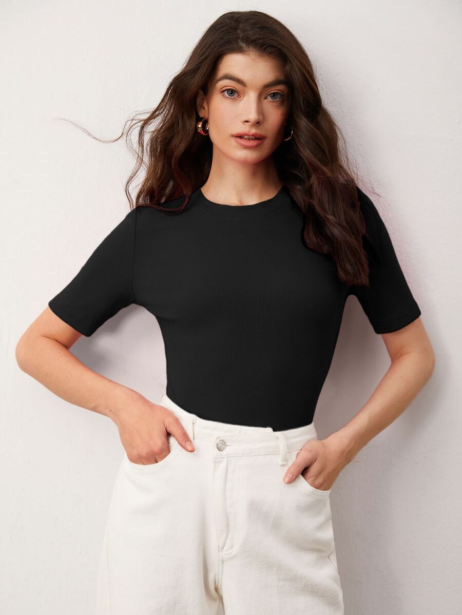 SHEIN BASICS Solid Ribbed Knit Tee | SHEIN USA