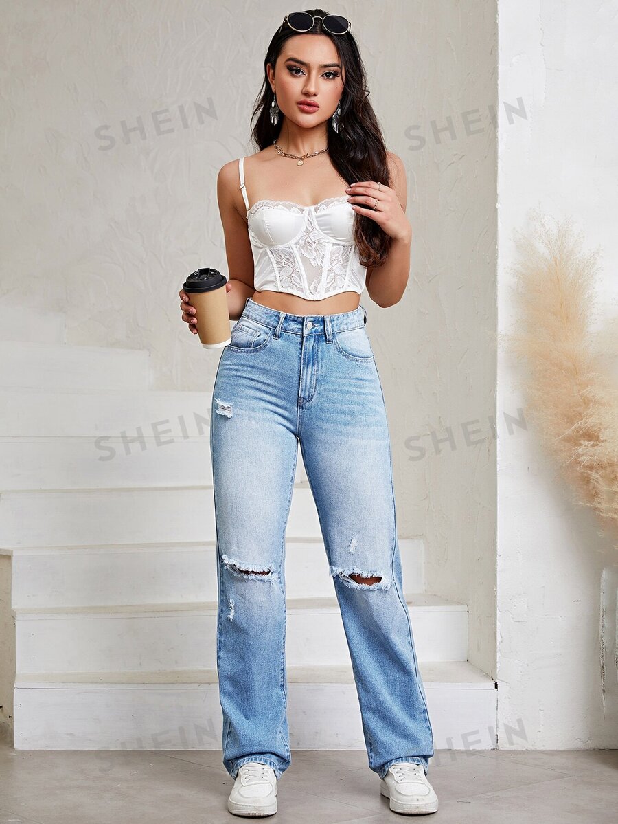 SHEIN Ripped Straight Leg Jeans | SHEIN UK