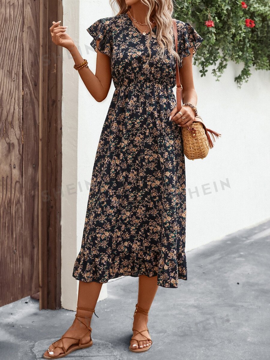 Shein Vcay Ditsy Floral Print Butterfly Sleeve Ruffle Hem Dress For