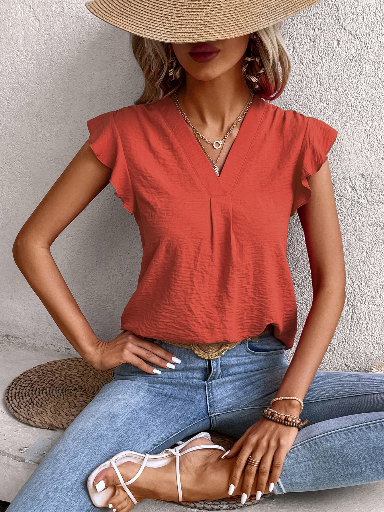 SHEIN LUNE Solid Ruffle Trim V Neck Butterfly Sleeve Blouse | SHEIN USA