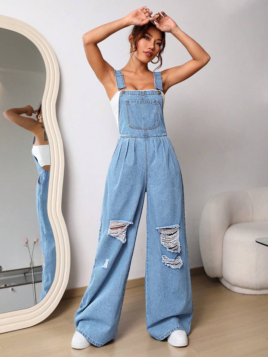 SHEIN EZwear Ripped Wide Leg Denim Overalls Without Tube Top | SHEIN USA