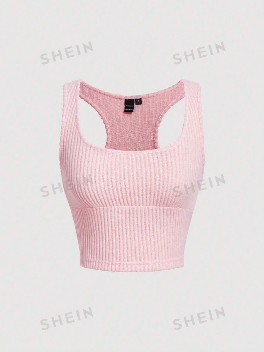SHEIN MOD Pink Summer Racerback Tank Top Rib-Knit Crop Tank Top | SHEIN UK