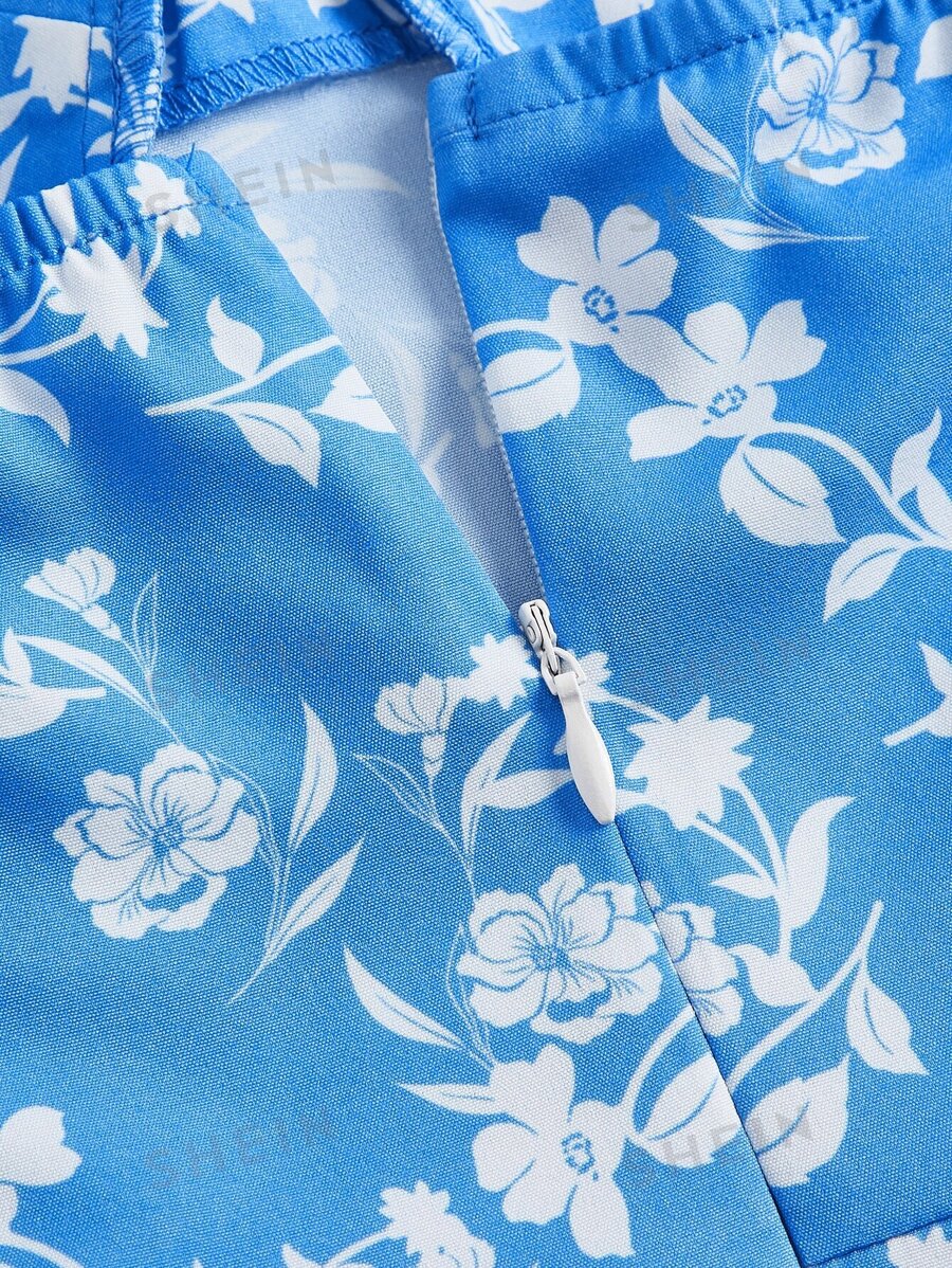 SHEIN MOD Floral Print Split Thigh Cami Blue And White Breast Cup ...