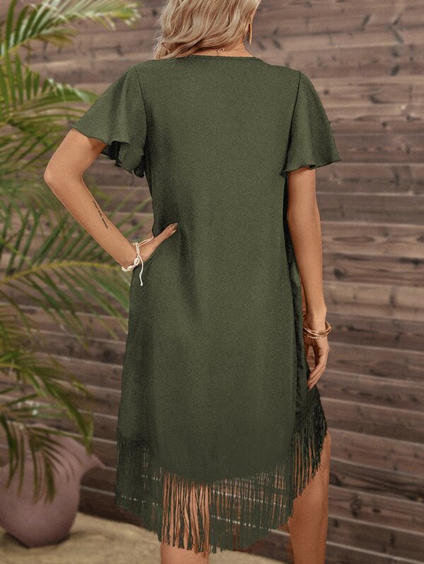 Fringe Trim Wrap Tie Side Cover Up Dress | SHEIN USA