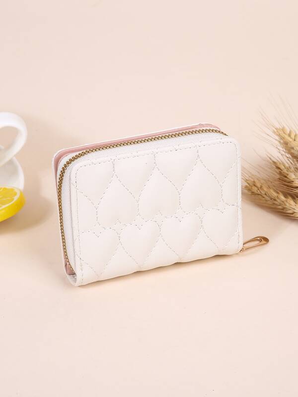 Heart Quilted Small Wallet Trifold Zipper Beige Coin Pocket Small Purse ...
