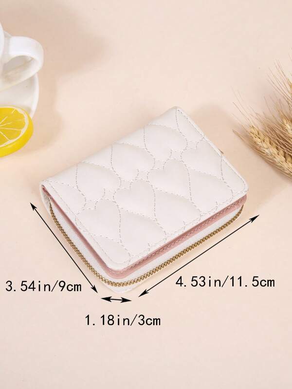 Heart Quilted Small Wallet Trifold Zipper Beige Coin Pocket Small Purse ...