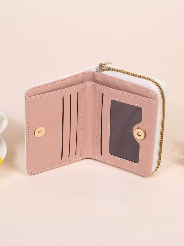 Heart Quilted Small Wallet Trifold Zipper Beige Coin Pocket Small Purse ...