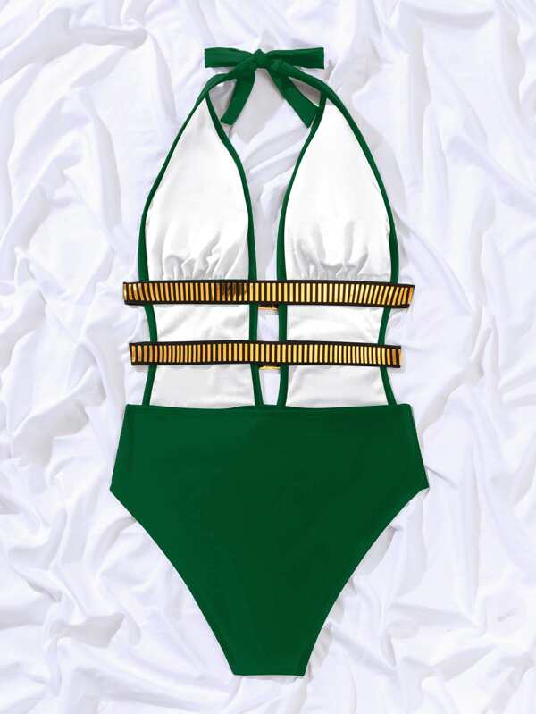 Striped Tape Plunging Neck Halter One Piece Swimsuit Shein Usa