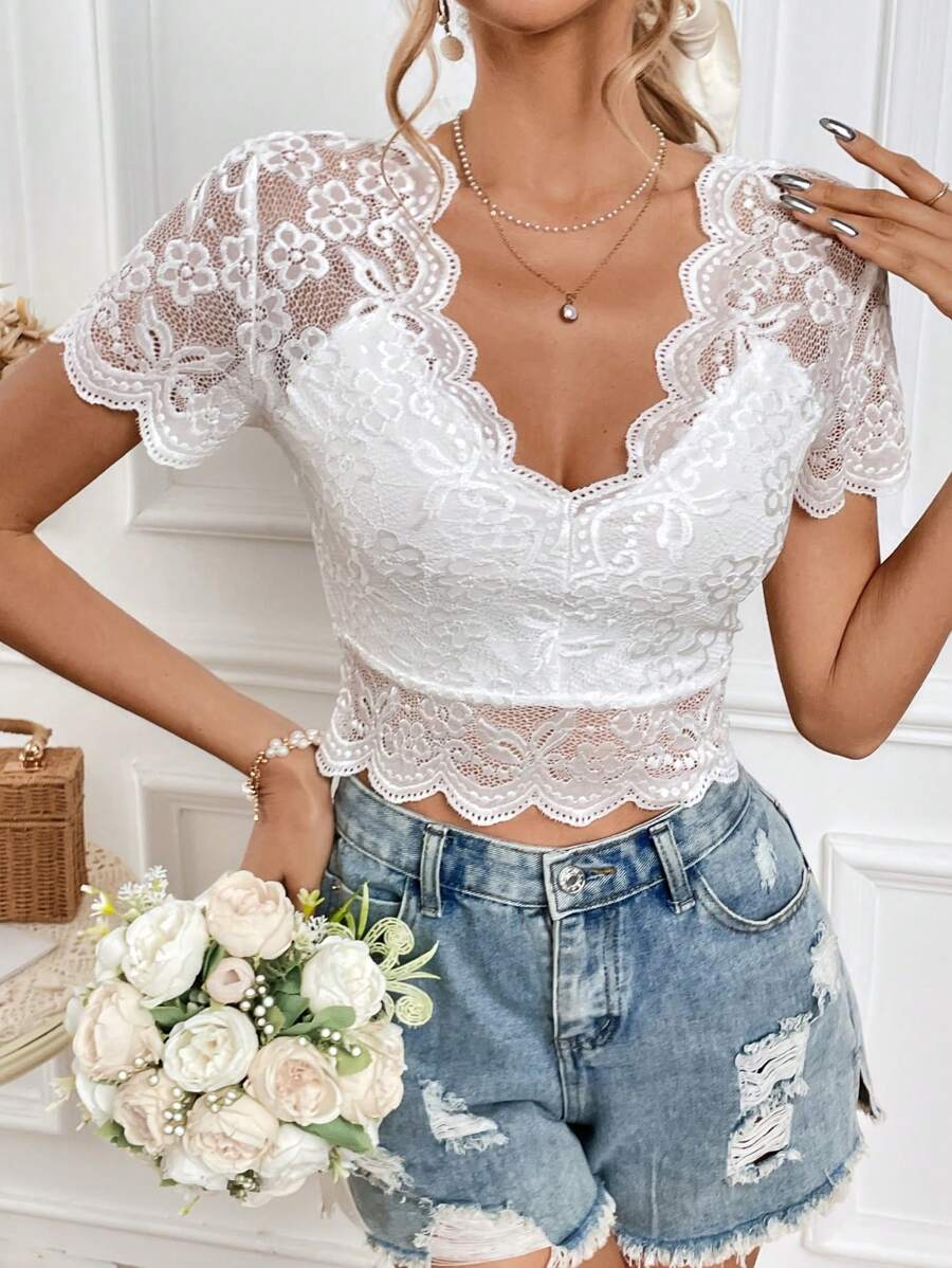 SHEIN Frenchy Scallop Trim Crop Lace Top | SHEIN USA