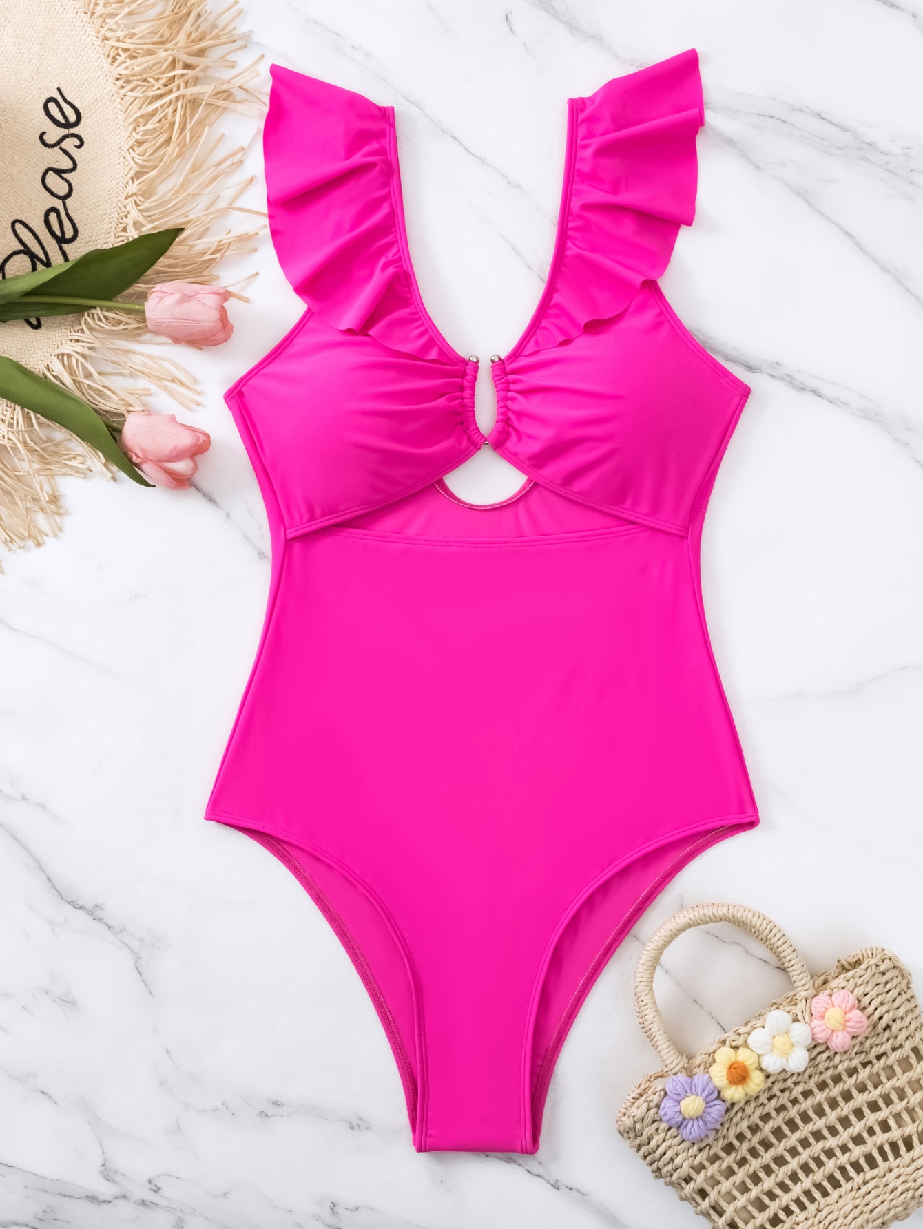 Ruffle Trim Cut Out Ruched Bust One Piece Swimsuit Shein Uk