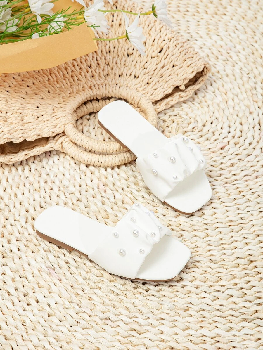 Preppy White Slides For Girls, Faux Pearl Decor Ruched Detail Slippers ...