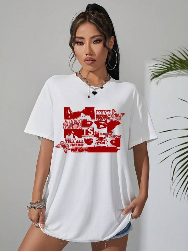 Maglietta con spalla cadenti con farfalle e slogan | SHEIN ITALIA Maglietta con spalla cadenti con farfalle e slogan | SHEIN ITALIA