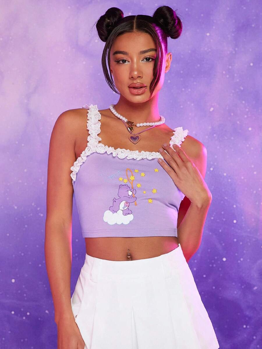 SHEIN X Care Bears Cartoon Graphic Lace Trim Wide Strap Top | SHEIN USA