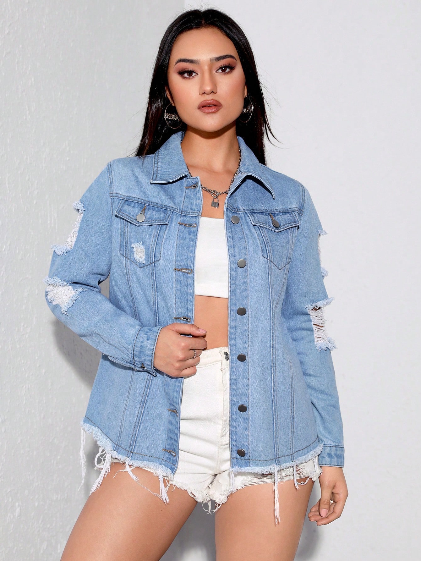 Ripped Raw Hem Denim Jacket | SHEIN USA