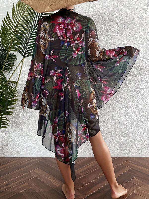 Tropical Print Asymmetrical Hem Sheer Mesh Cover Up Dress | SHEIN USA