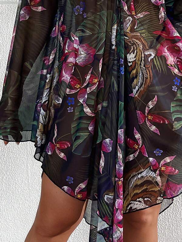 Tropical Print Asymmetrical Hem Sheer Mesh Cover Up Dress | SHEIN USA