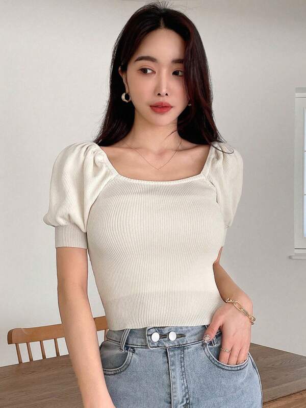 Dazy Solid Puff Sleeve Ribbed Knit Top Shein Usa