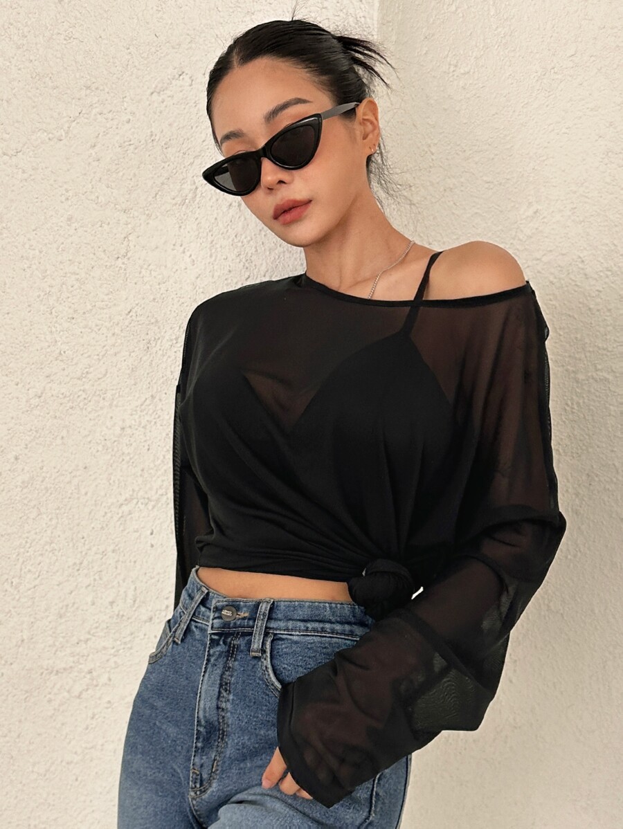 DAZY Solid Drop Shoulder Sheer Mesh Top Without Bra,Ladies Casual Drop ...