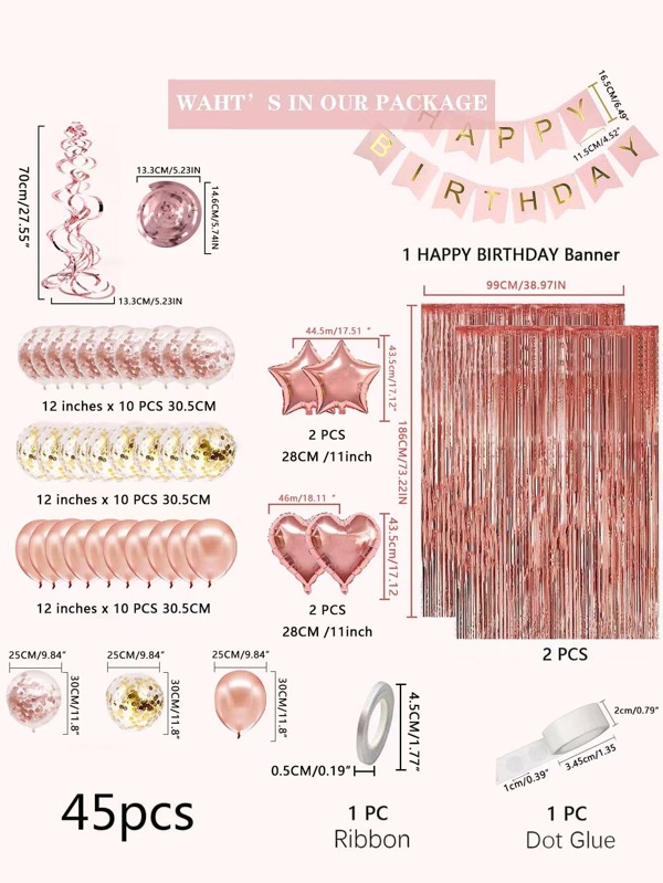 45pcs Birthday Party Decoration Balloon & Banner Set, Rose Gold Balloon ...