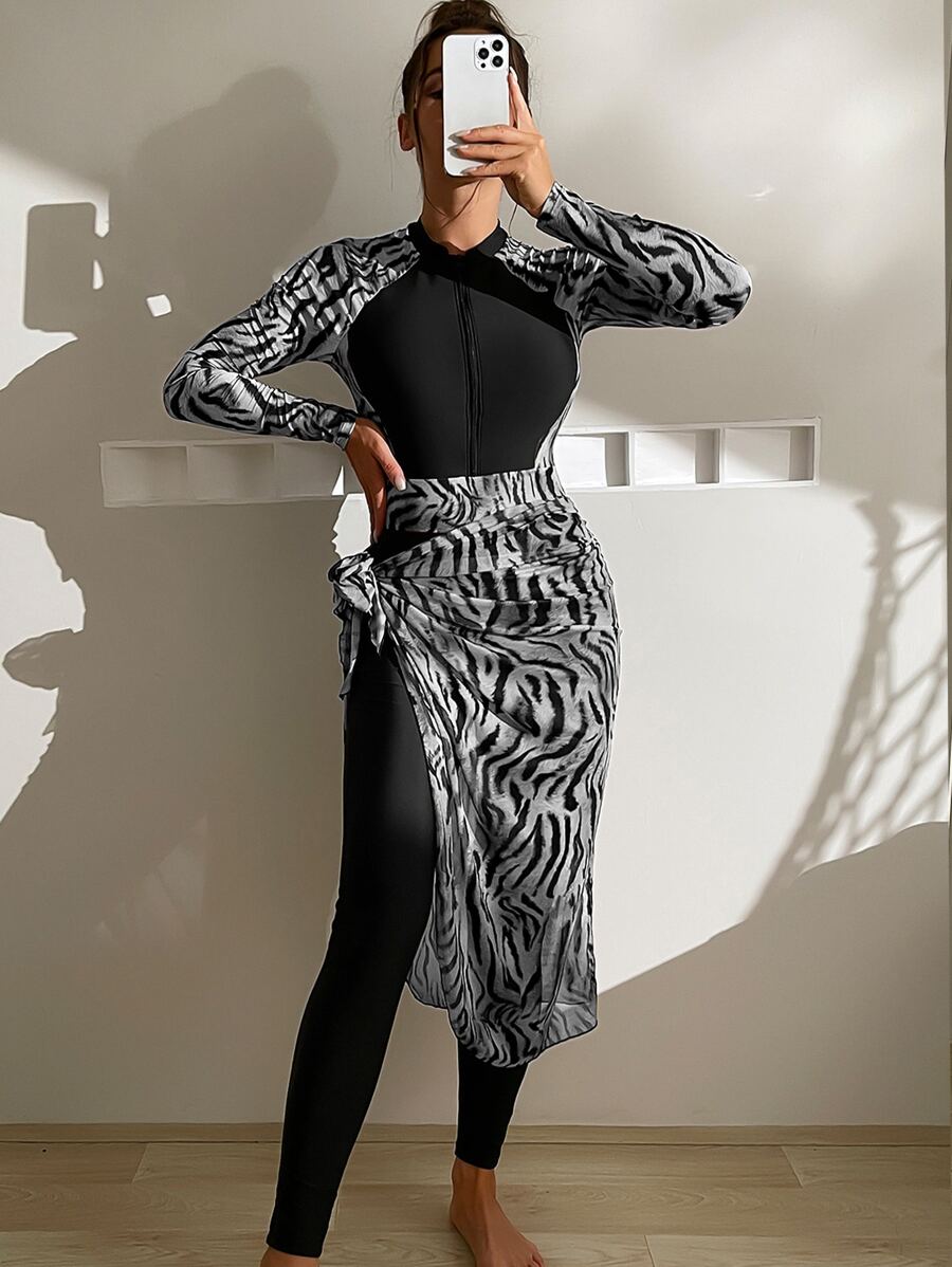 Swim Mulvari Summer Beach Zebra Striped One Piece Swimsuit With Beach Skirt | SHEIN USA