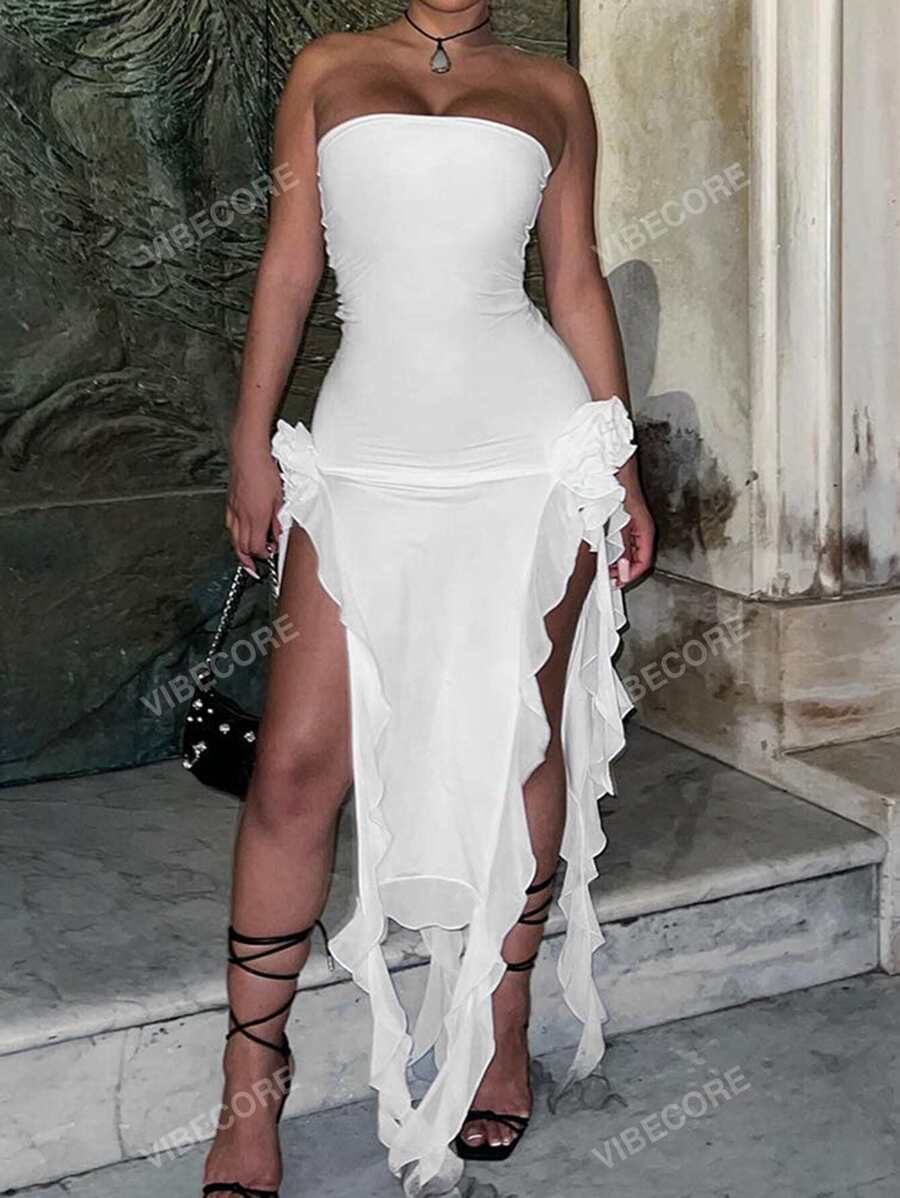 Women Ruffle Flower Bodycon Party Club Vacation Y2K Sexy Split Tube ...