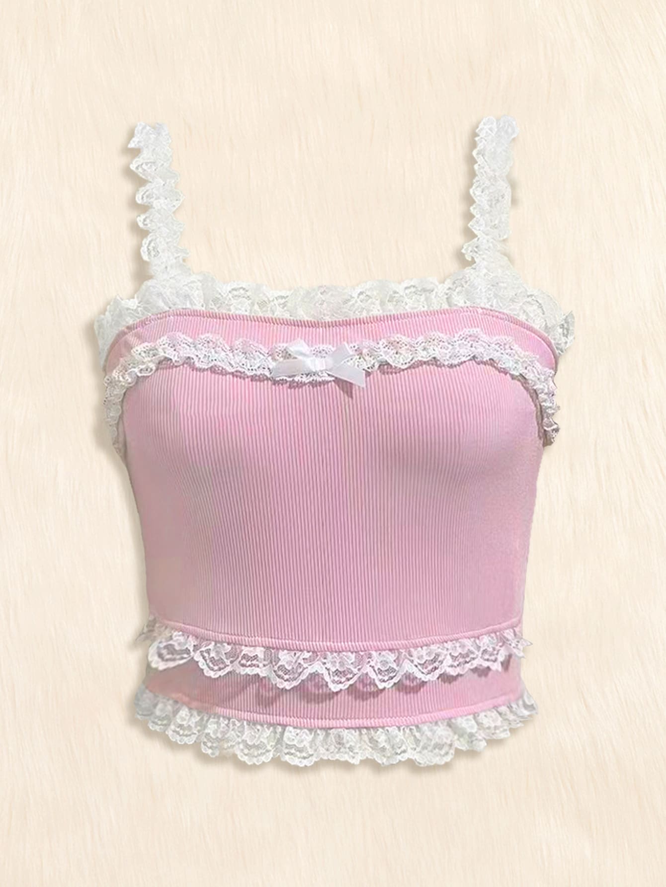 ROMWE Kawaii Lace Trim Ribbed Cami Top