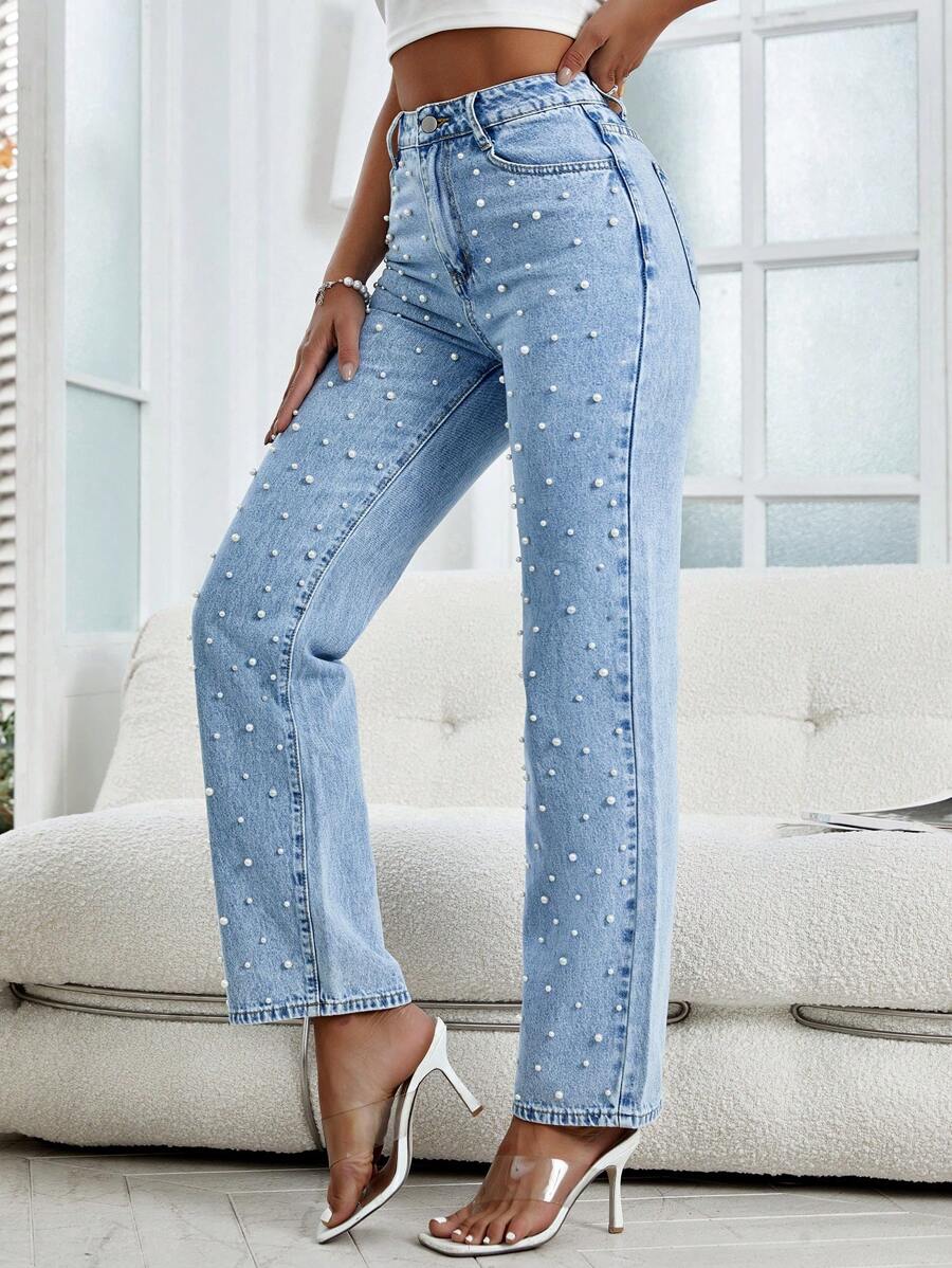 Pearls Beaded Flare Leg Jeans | SHEIN USA