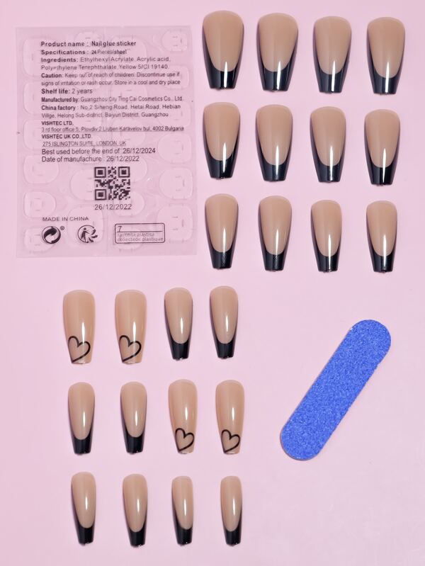 Elevate Your Style With 24pcs Long Coffin Black French Heart Pattern