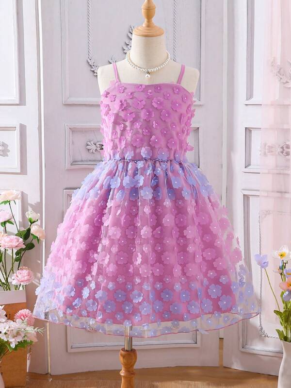 Girls Floral Appliques Mesh Overlay Cami Dress Shein Usa