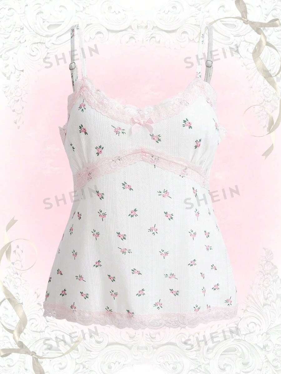 ROMWE Kawaii Ditsy Floral Print Contrast Lace Cami Top | SHEIN UK
