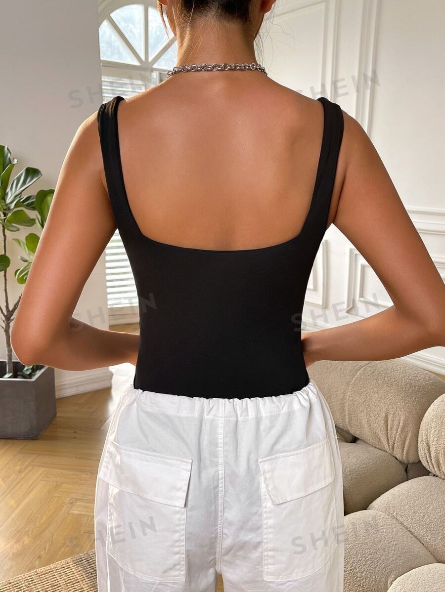SHEIN EZwear Summer Black Y2k Solid Square Neck Tank Bodysuit | SHEIN USA