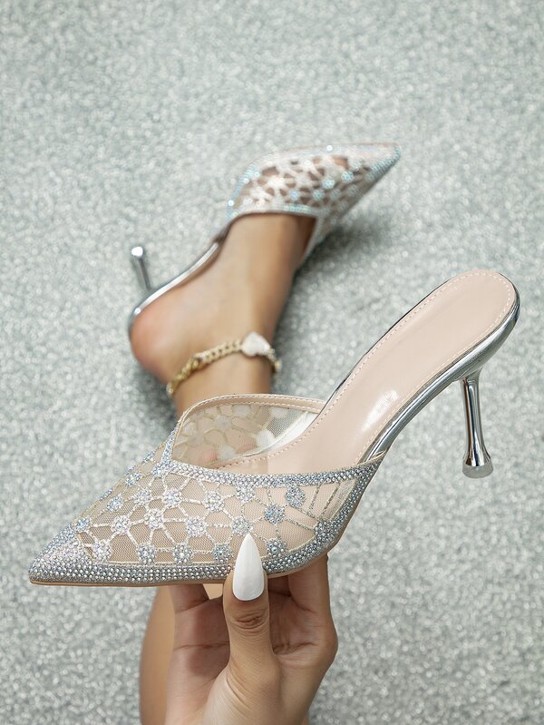 Women Rhinestone Decor Point Toe Mule Pumps, Glamorous Outdoor Mesh ...