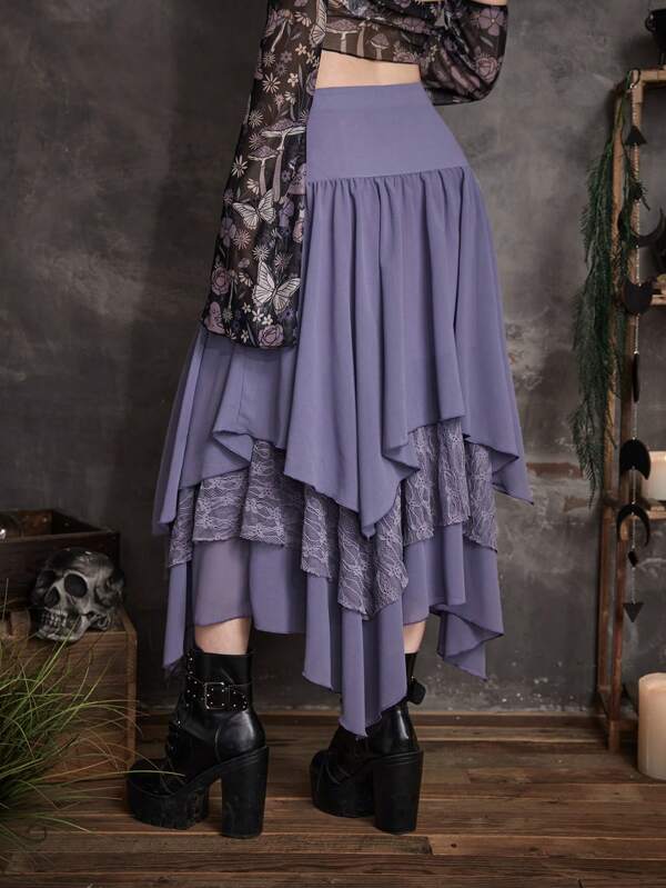 Goth Contrast Lace Asymmetrical Hem Skirt | SHEIN USA