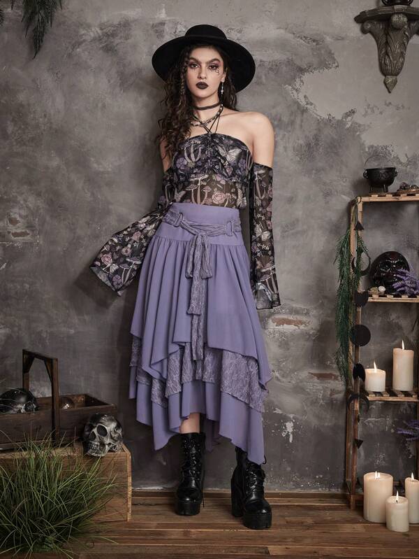 Goth Contrast Lace Asymmetrical Hem Skirt | SHEIN USA