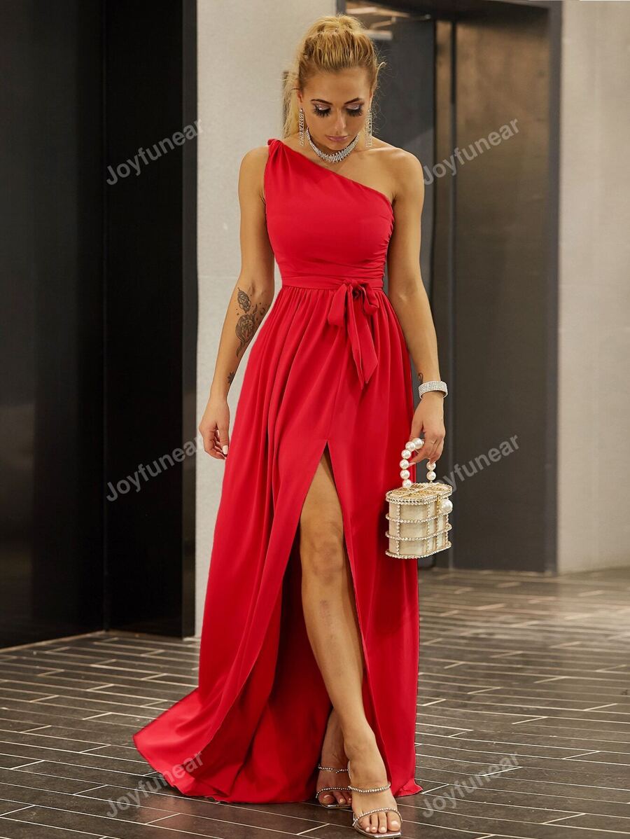 Joyfunear Women's Elegant Sleeveless High Slit Dress With Waist Tie ...