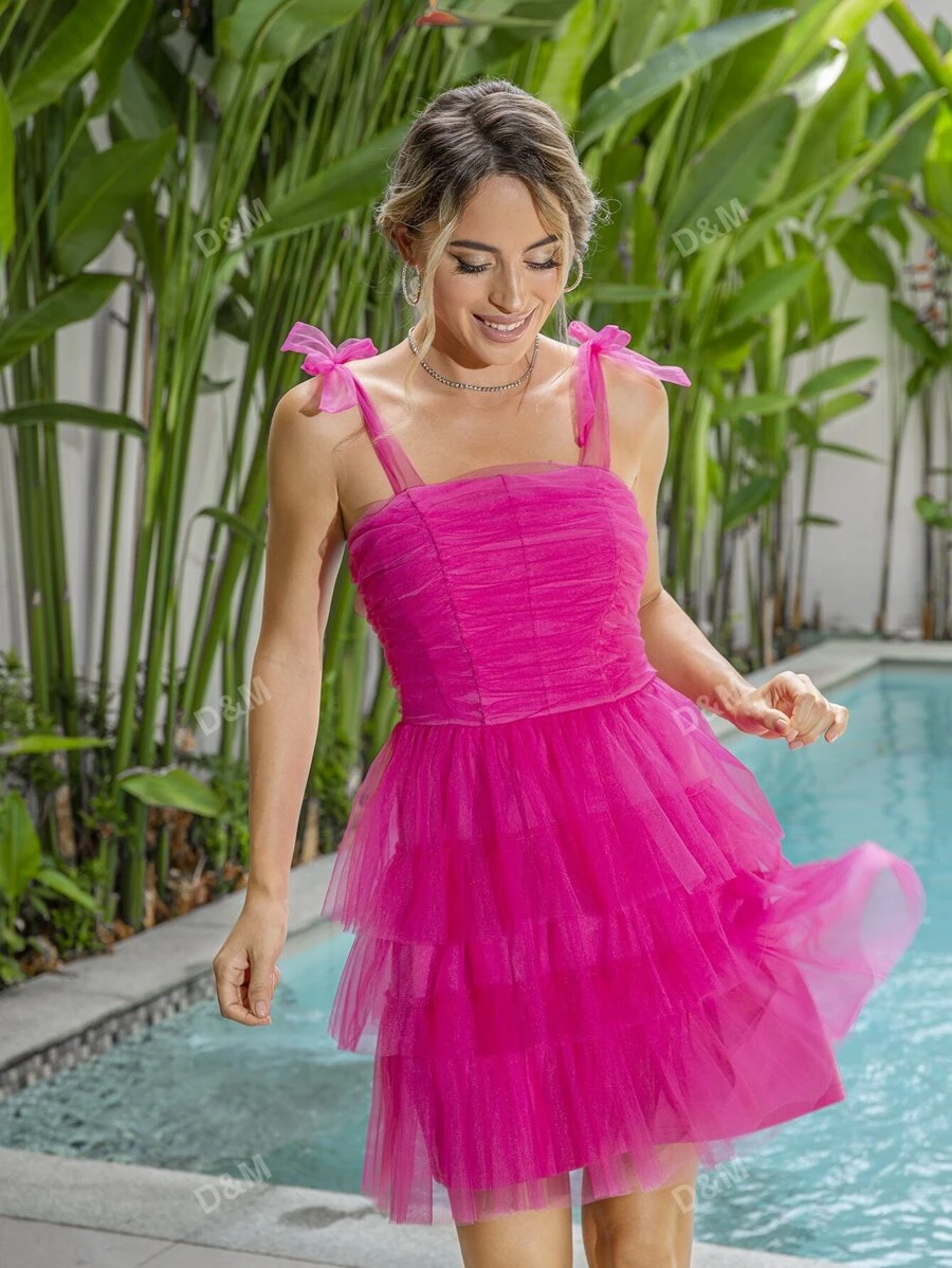 D&M Tie Shoulder Ruched Mesh Overlay Cami Prom Party Dress | SHEIN USA