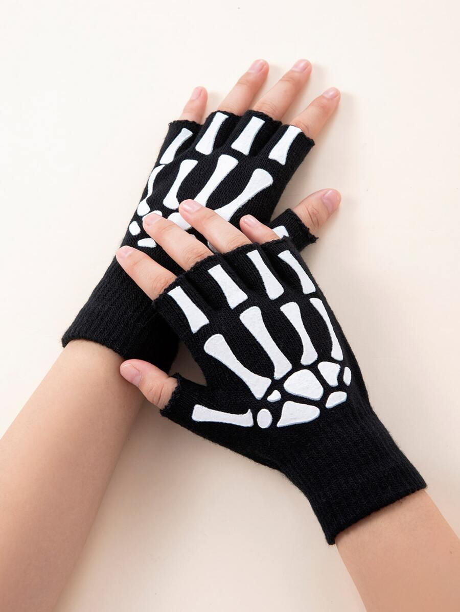 1pair Women Skeleton Hand Print Creative Fingerless Gloves, For Party ...