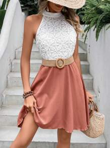 SHEIN VCAY Contrast Lace Halter Neck Dress Without Belt | SHEIN USA