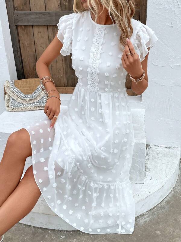 Shein Vcay Swiss Dot Contrast Lace Ruffle Hem Dress Without Belt For