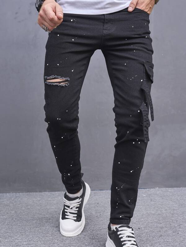 Manfinity Legnd Men Cotton Splash Ink Print Flap Pocket Side Cargo
