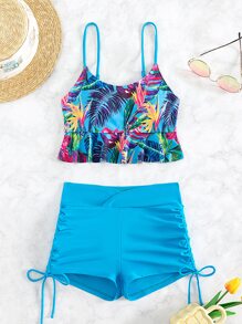 Tropical Print Ruffle Hem Drawstring Side Summer Beach Bikini Set ...